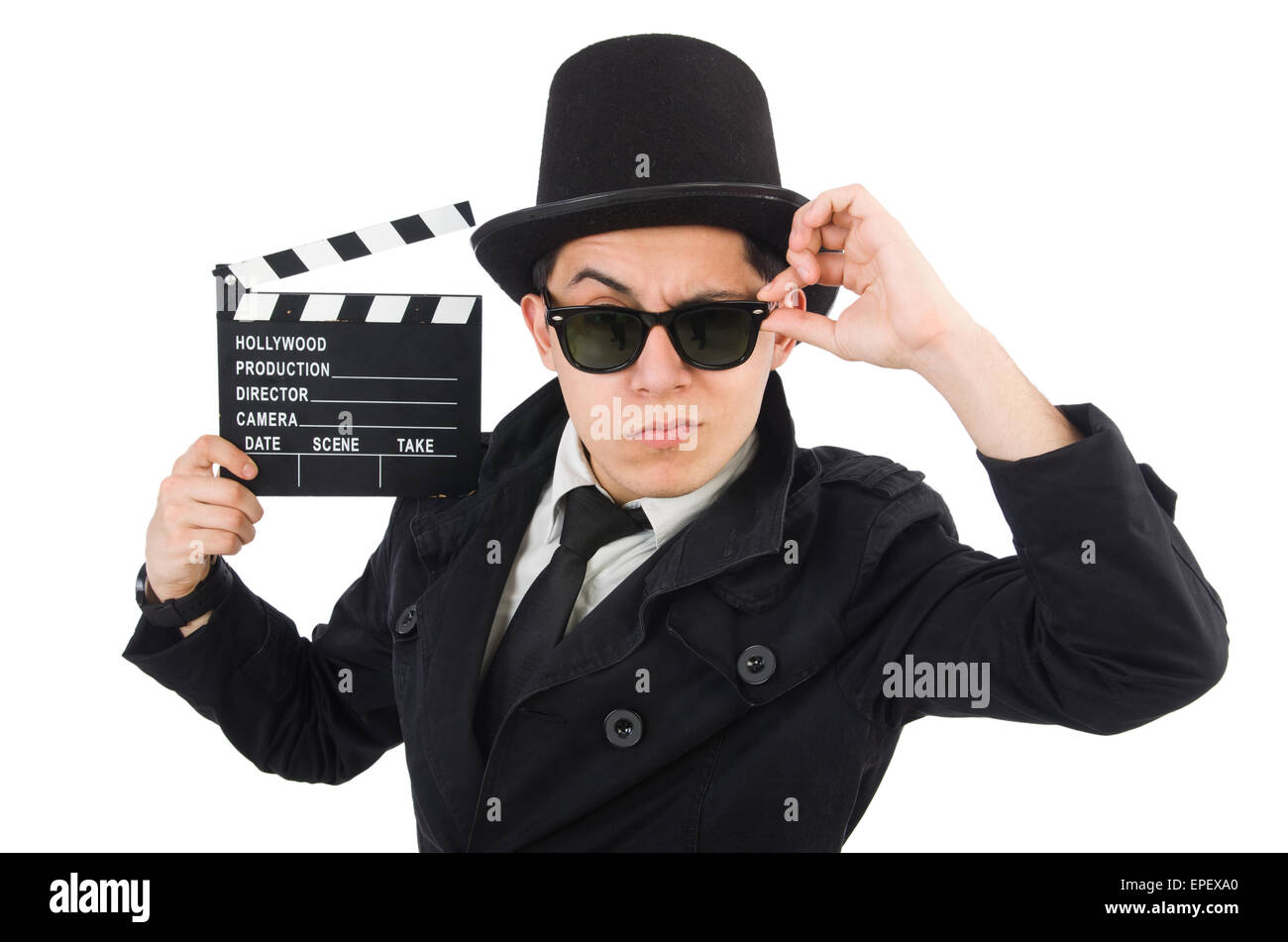 Man with movie clapper isolated on white Stock Photo - Alamy