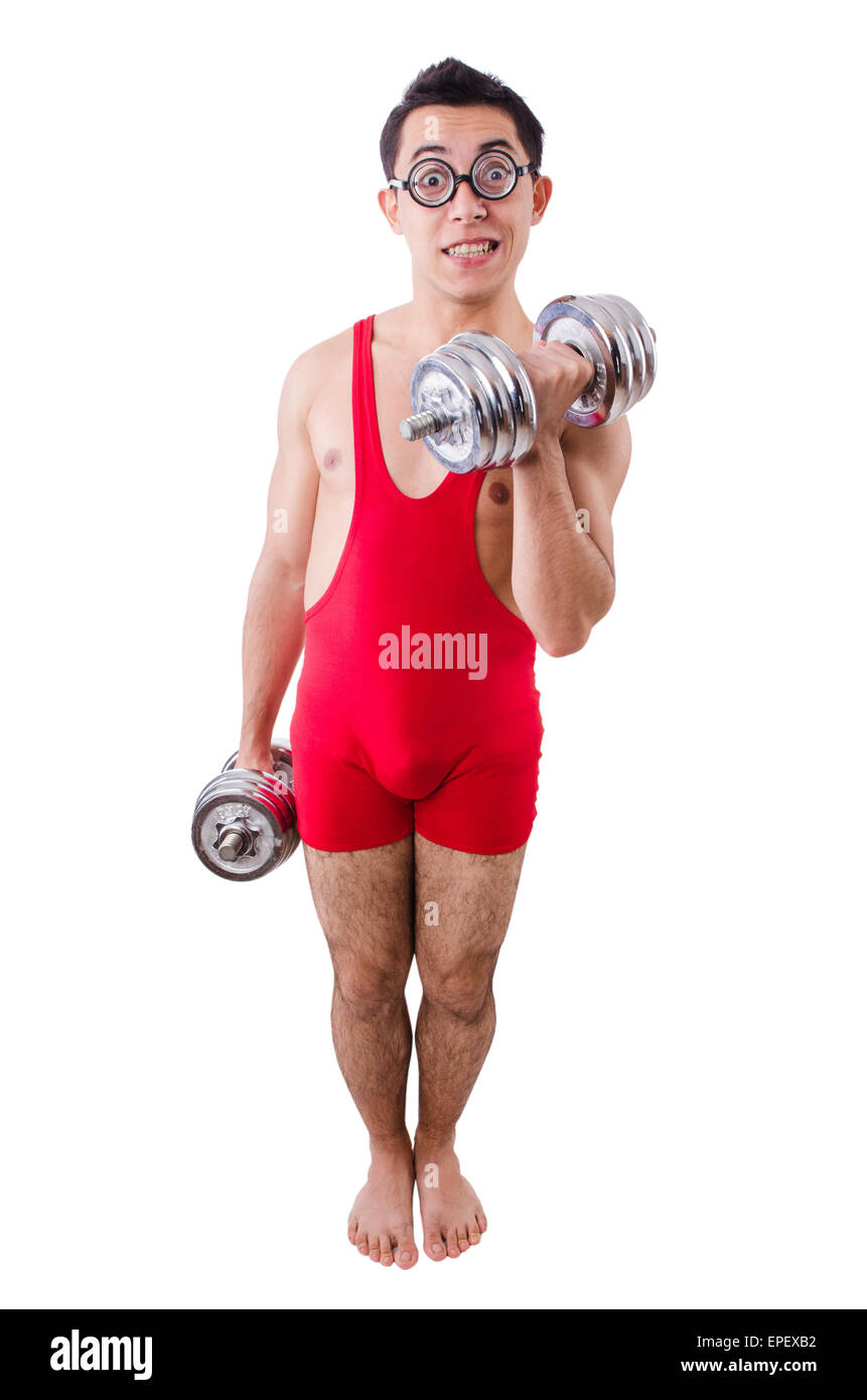 Funny guy with dumbbels on white Stock Photo - Alamy