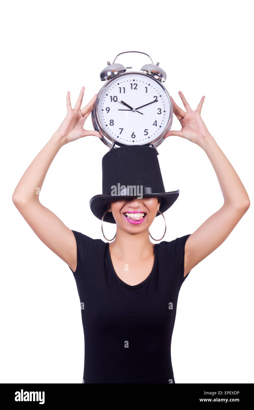 Young woman with clock isolated on white Stock Photo - Alamy