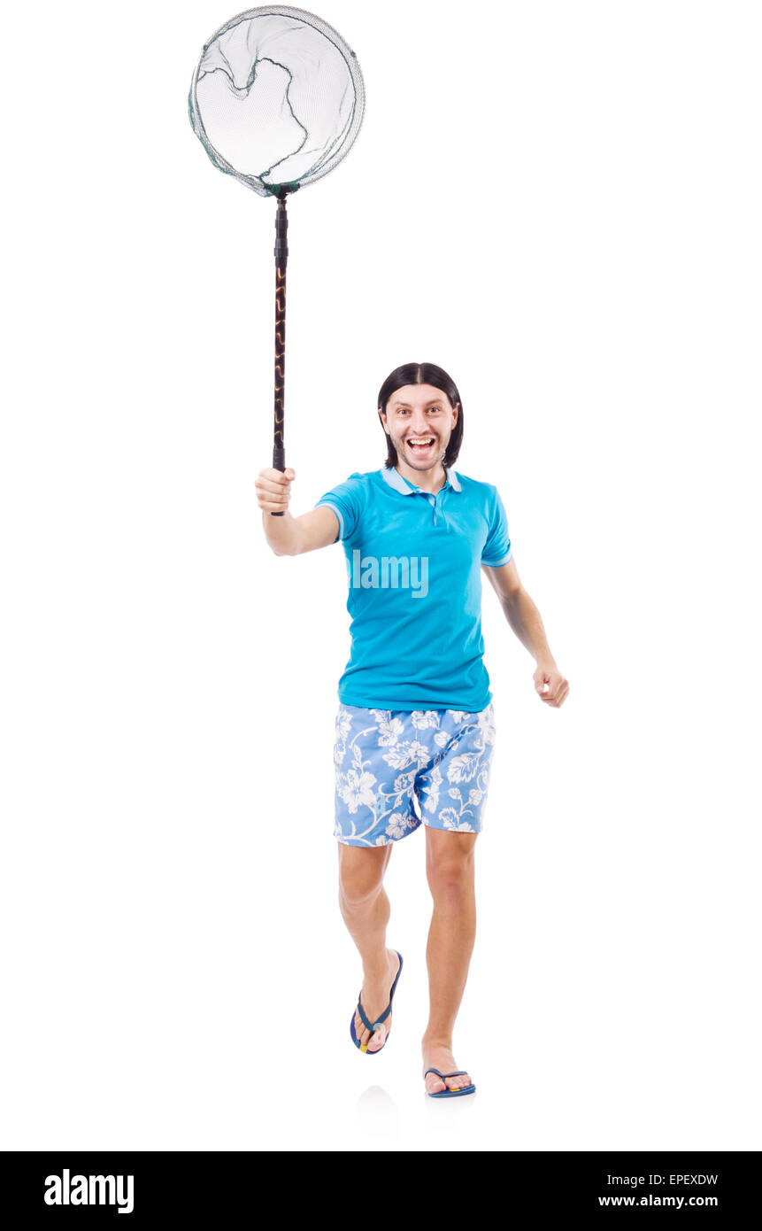 Funny guy with empty butterfly net Stock Photo - Alamy