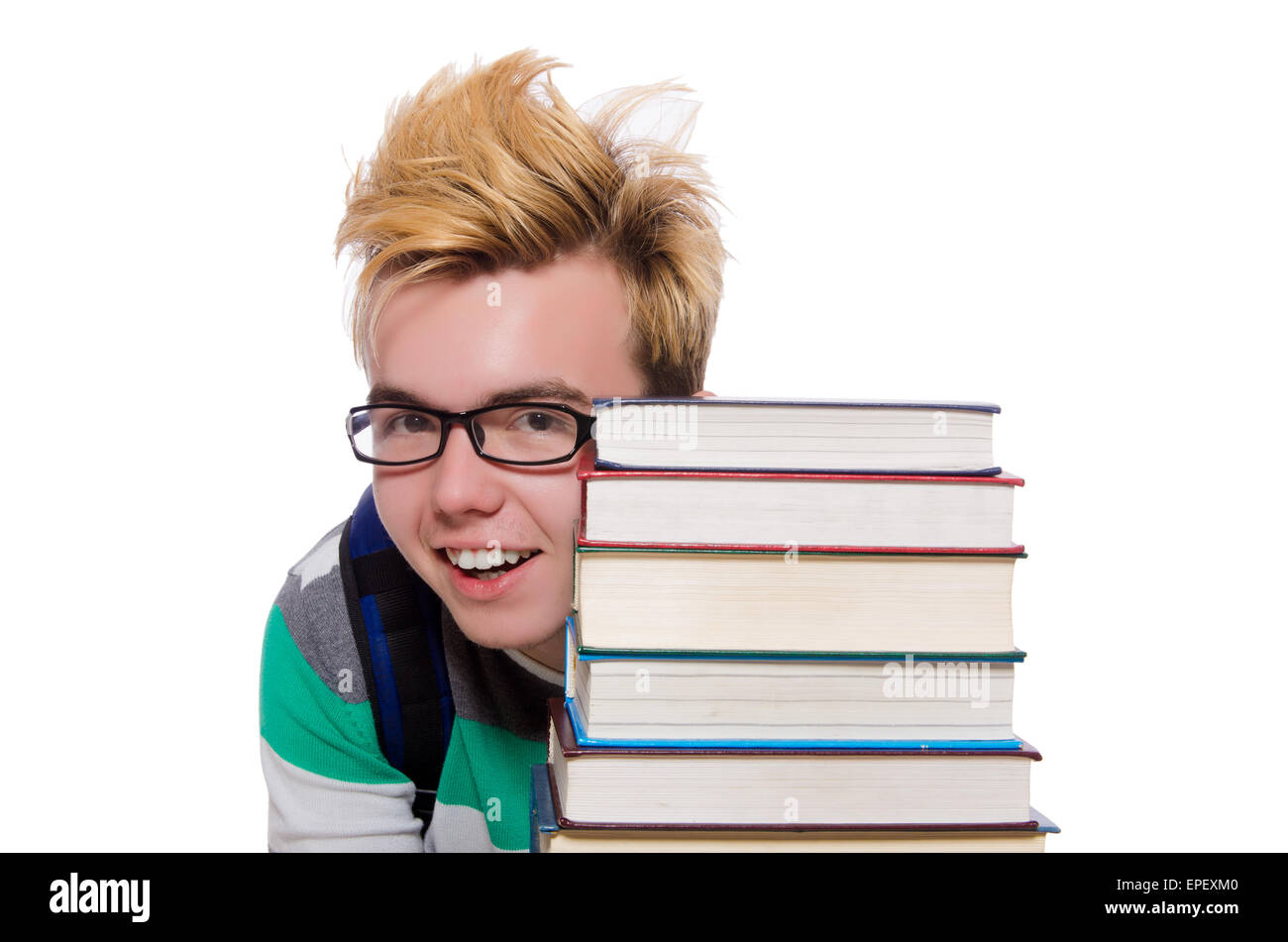 Funny student with stack of books Stock Photo - Alamy