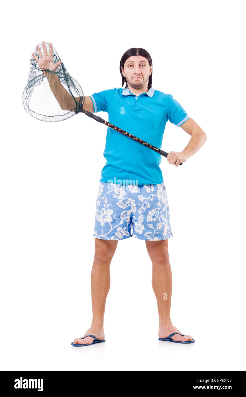 Funny guy with empty butterfly net Stock Photo - Alamy