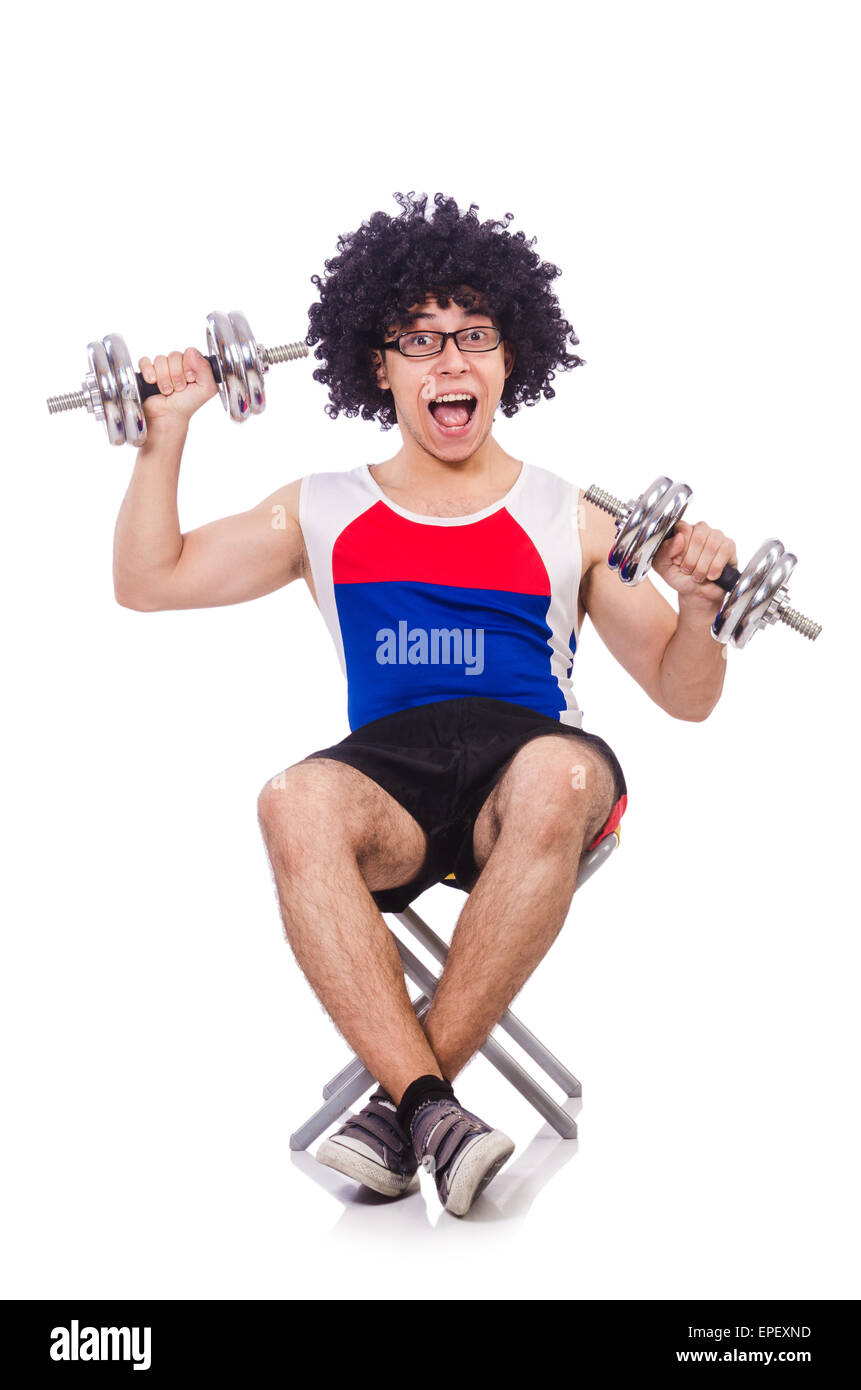Funny guy with dumbbels on white Stock Photo - Alamy
