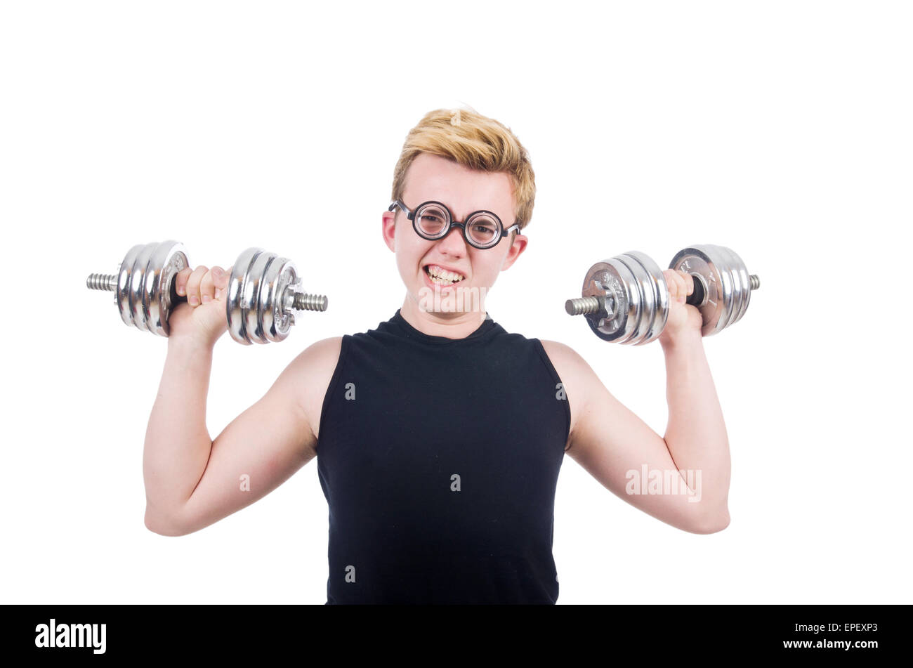 Man with dumbbells isolated on white Stock Photo - Alamy