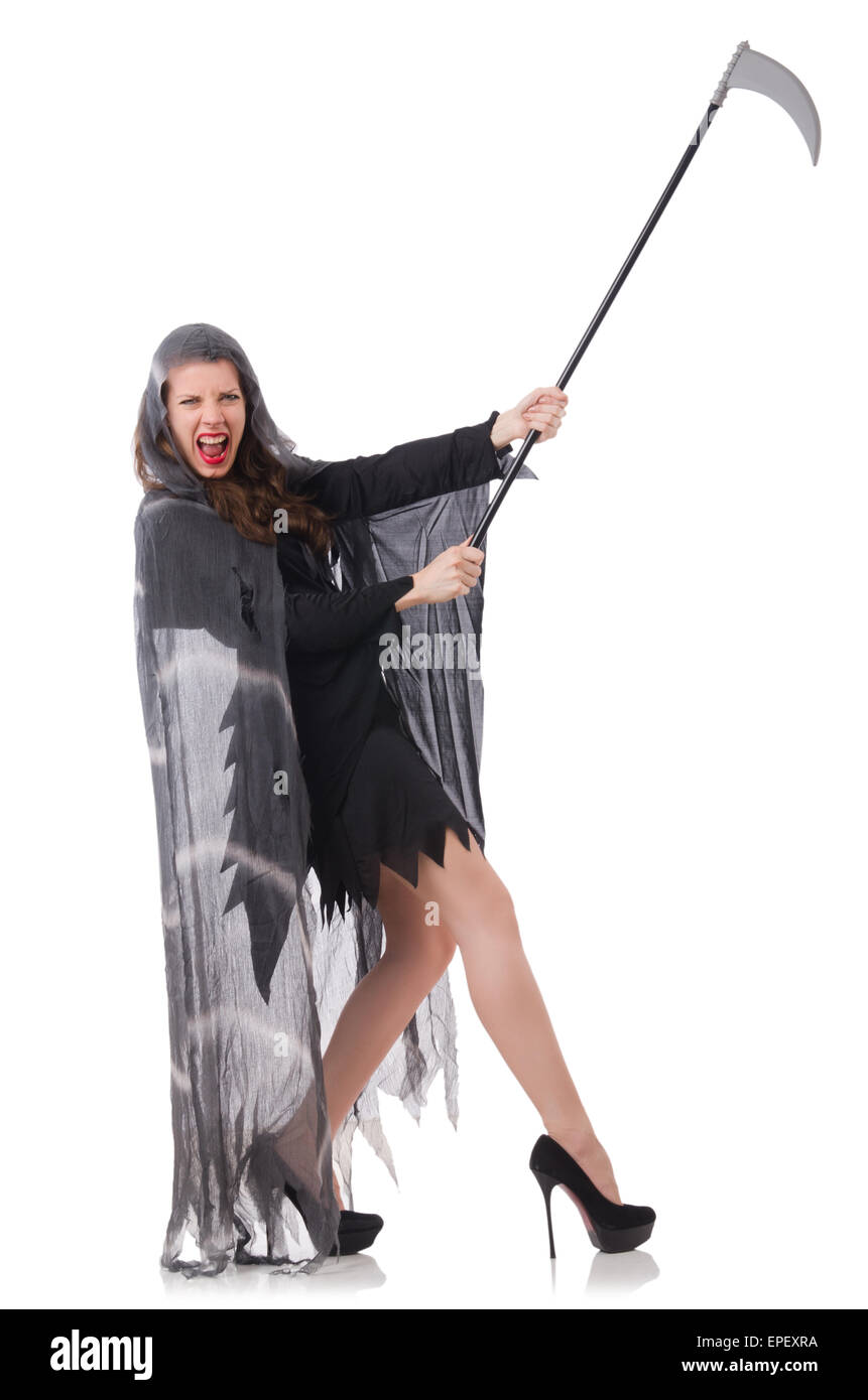 Woman in halloween concept with scythe Stock Photo - Alamy