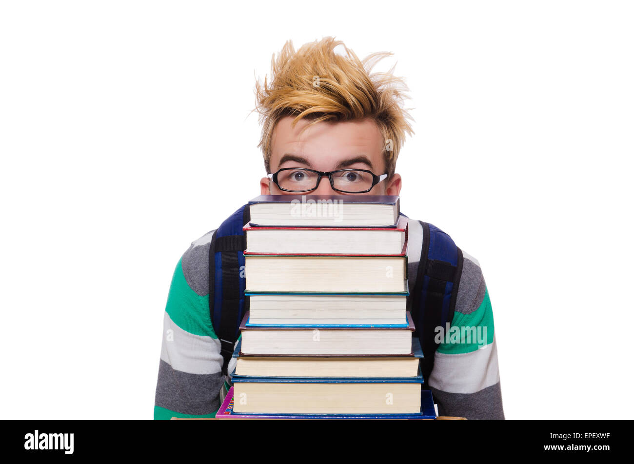 Funny student with stack of books Stock Photo - Alamy