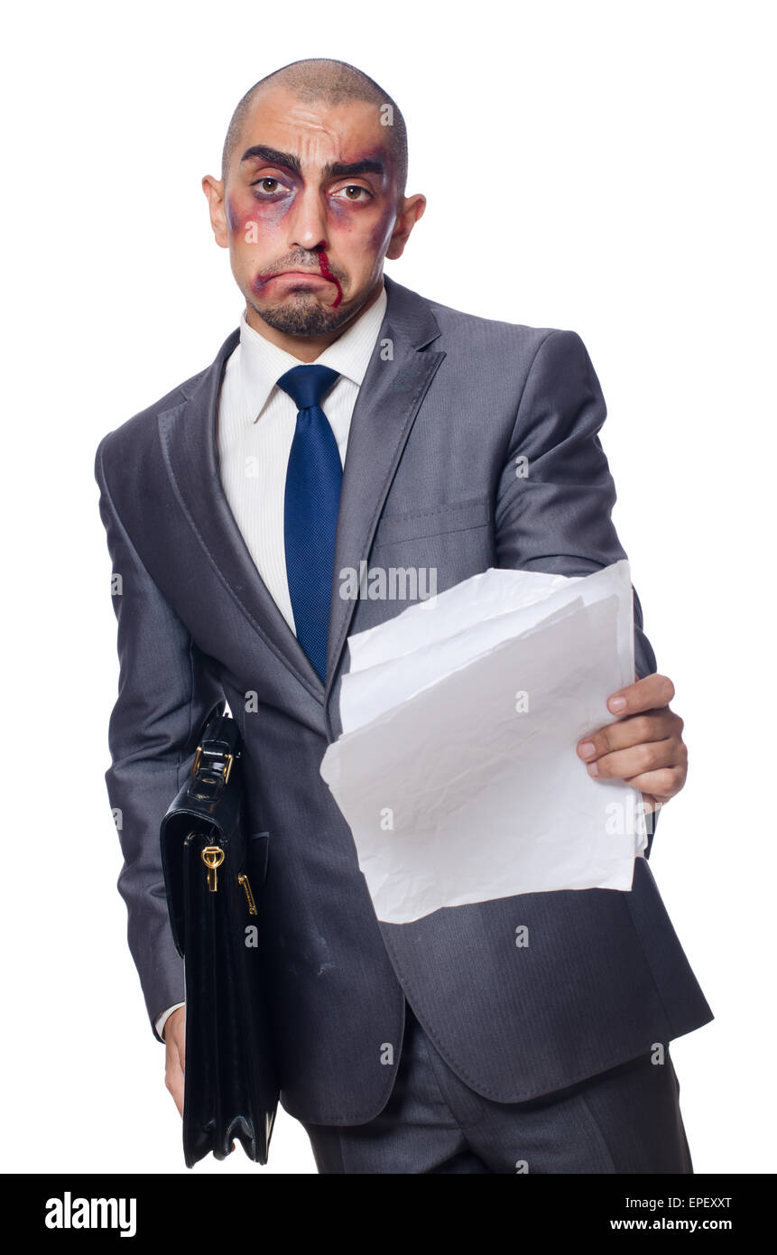 Badly beaten businessman isolated on white Stock Photo - Alamy
