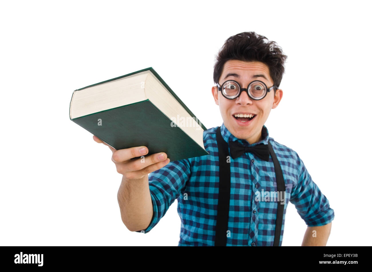 Funny student with stack of books Stock Photo - Alamy