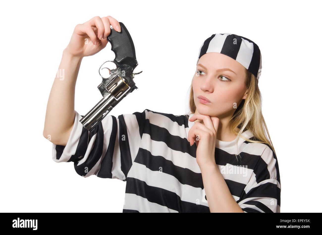 Prison inmate with gun isolated on white Stock Photo - Alamy
