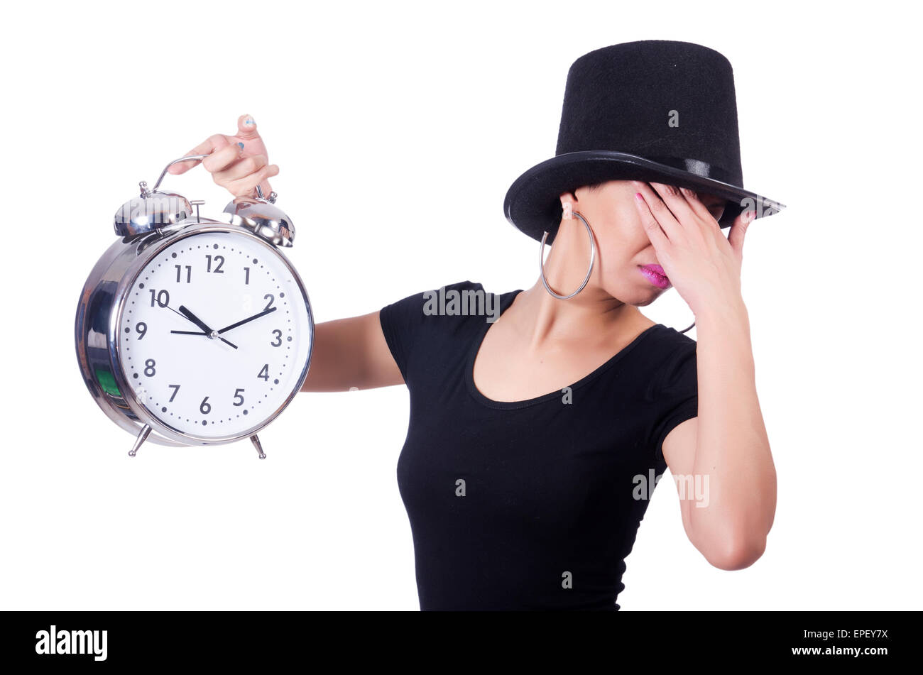Young woman with clock isolated on white Stock Photo - Alamy