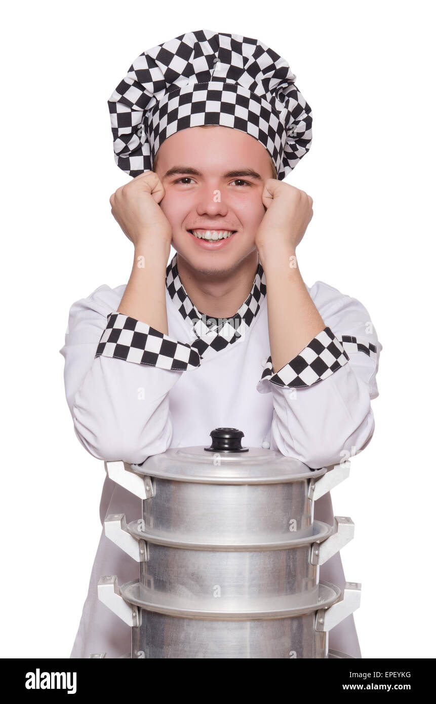 Cook with stack of pots on white Stock Photo - Alamy