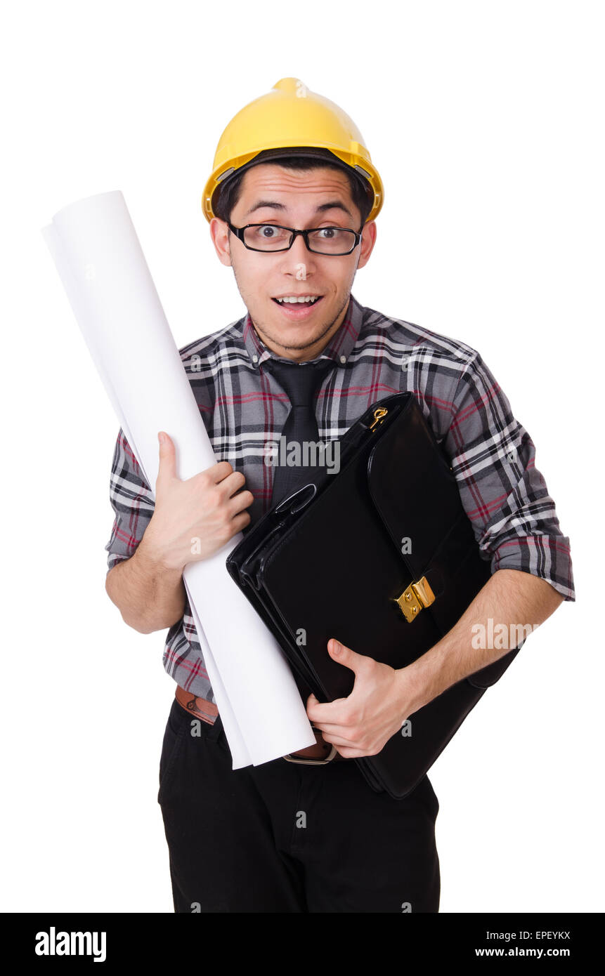 Funny man with blueprints on white Stock Photo - Alamy