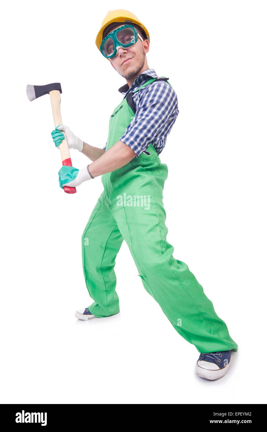 Funny man with axe isolated on white Stock Photo - Alamy
