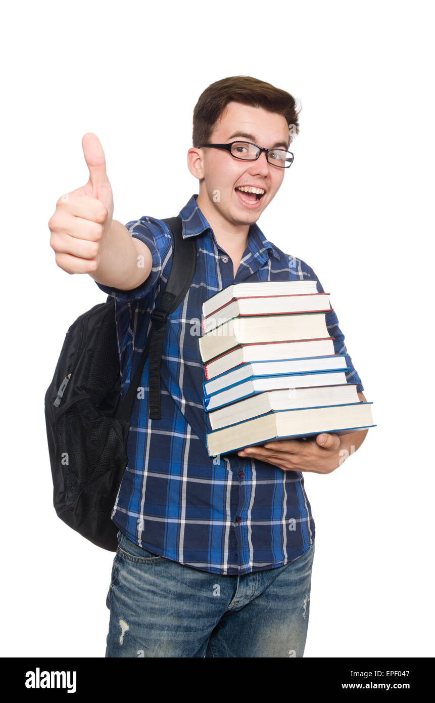 Funny student with stack of books Stock Photo - Alamy