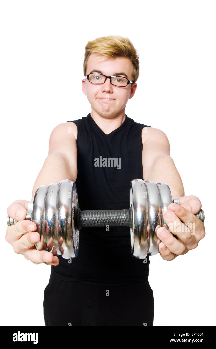 Man with dumbbells isolated on white Stock Photo - Alamy