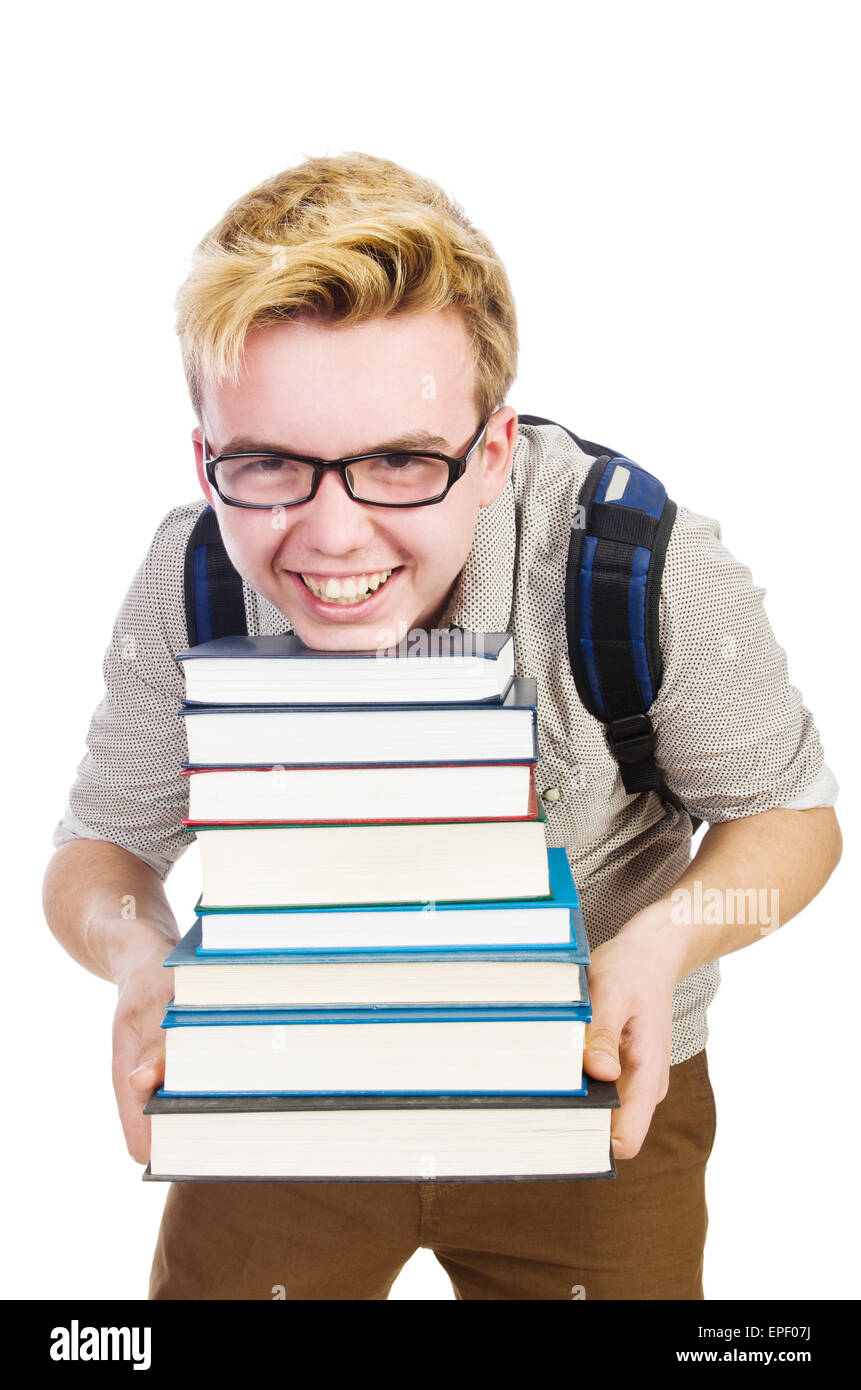Funny student with stack of books Stock Photo - Alamy