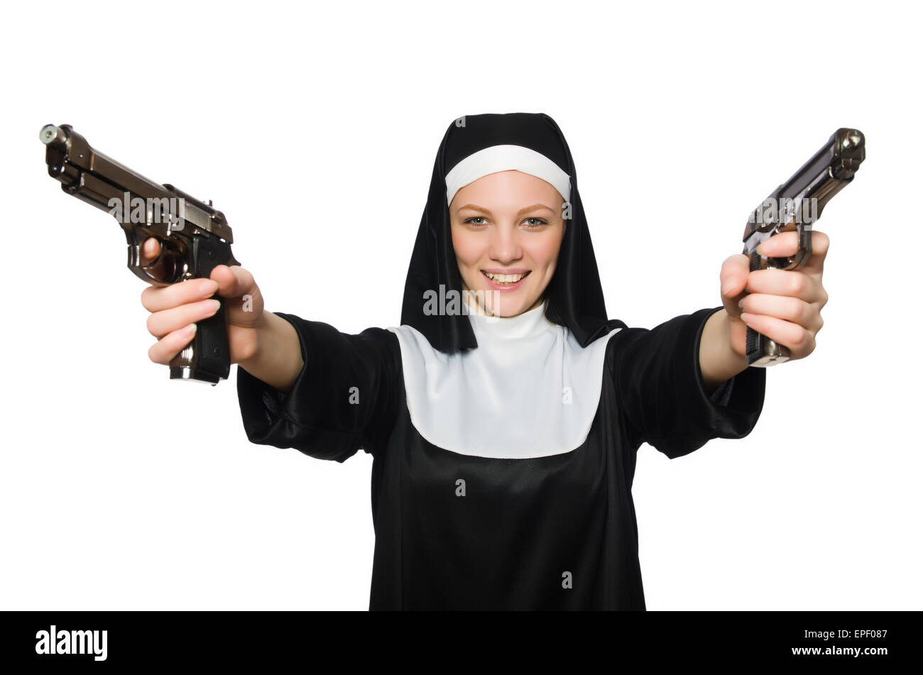 Nun with handgun isolated on white Stock Photo - Alamy