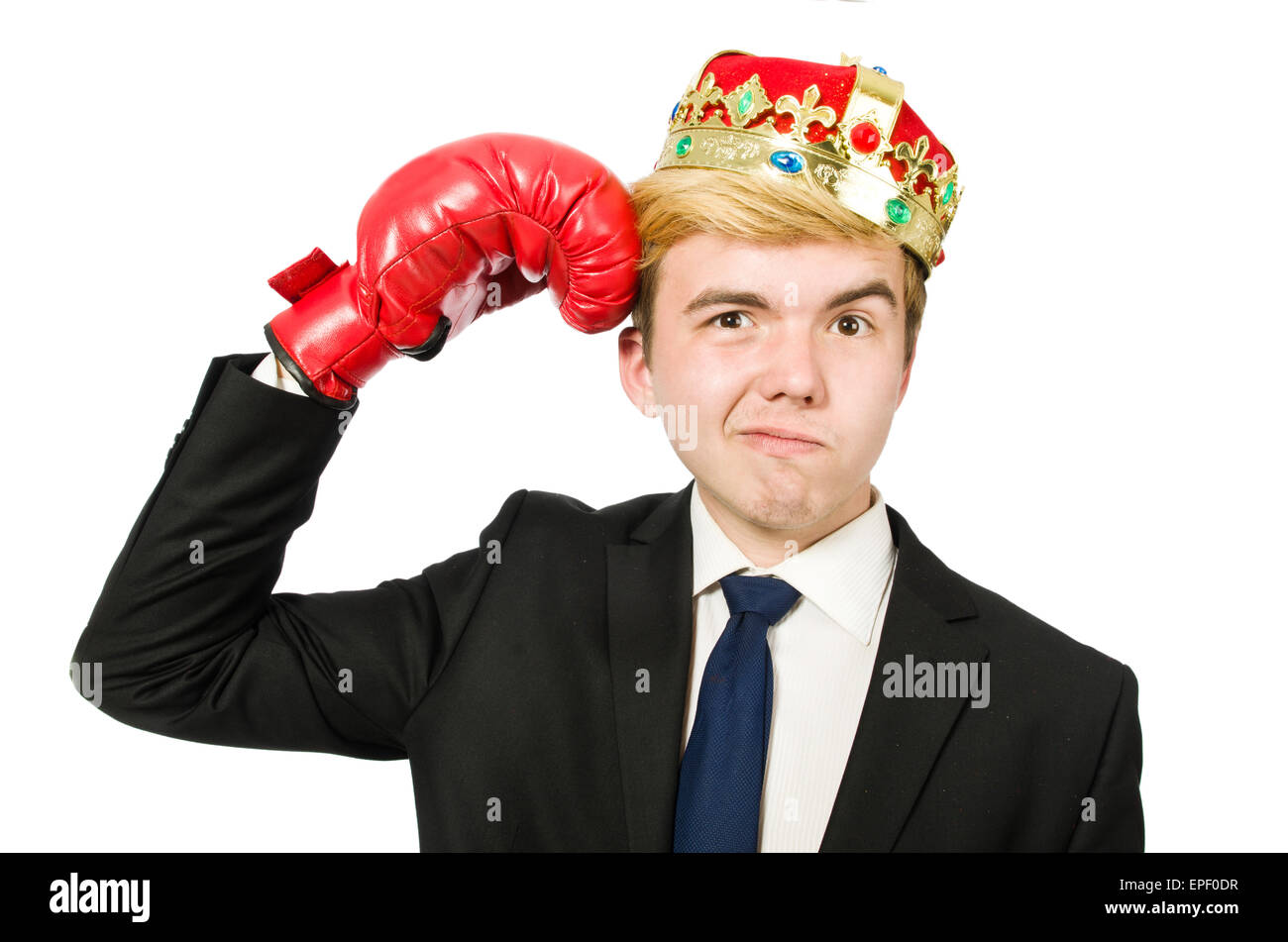 Funny businessman with crown and boxing gloves Stock Photo - Alamy
