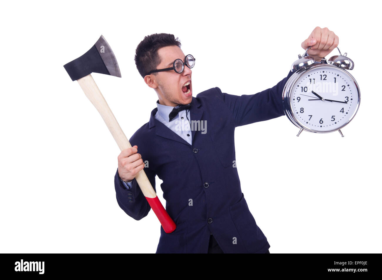 Funny man with axe and clock on white Stock Photo - Alamy