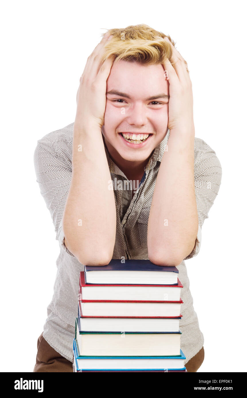 Funny student with stack of books Stock Photo - Alamy