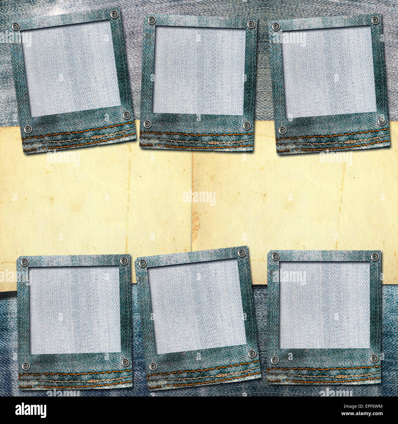 Vintage postcard with paper slides on old jeans background Stock Photo ...