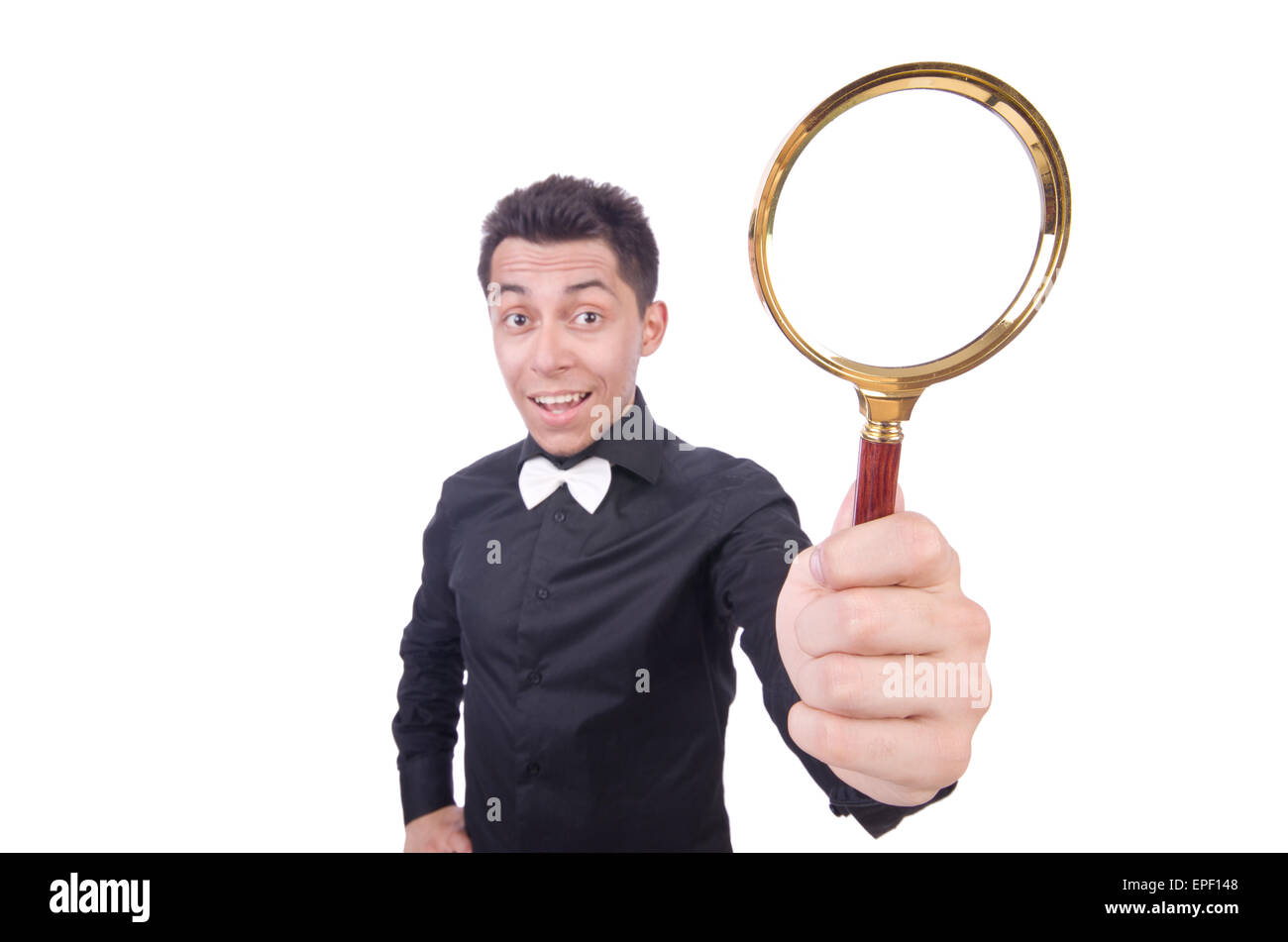 Funny man with magnifying glass Stock Photo - Alamy