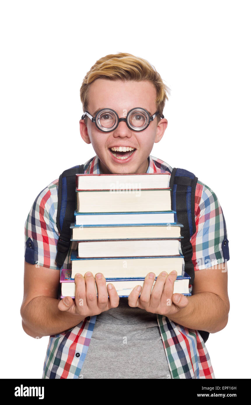Funny student with stack of books Stock Photo - Alamy
