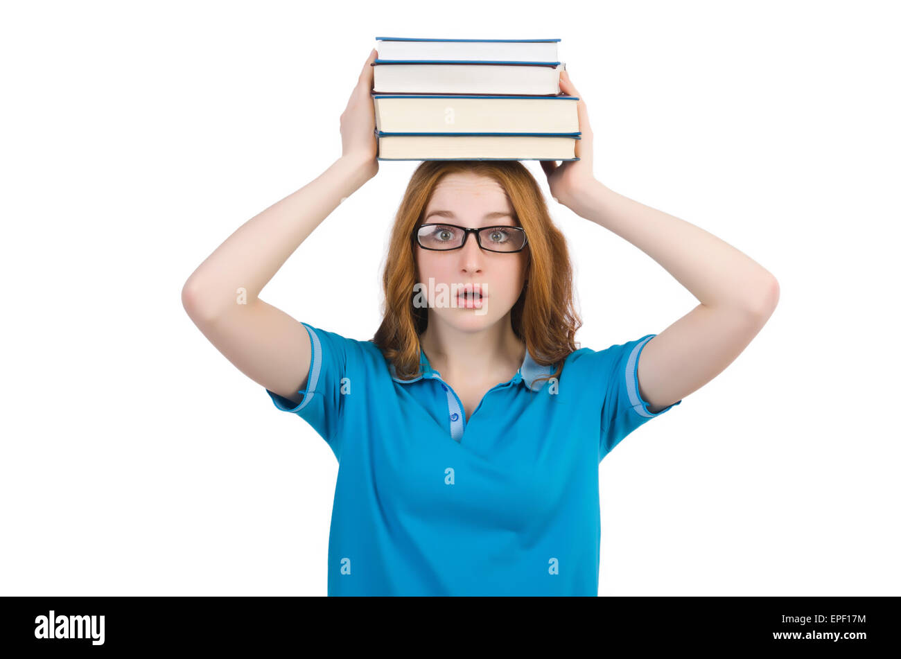 Funny student with stack of books Stock Photo - Alamy