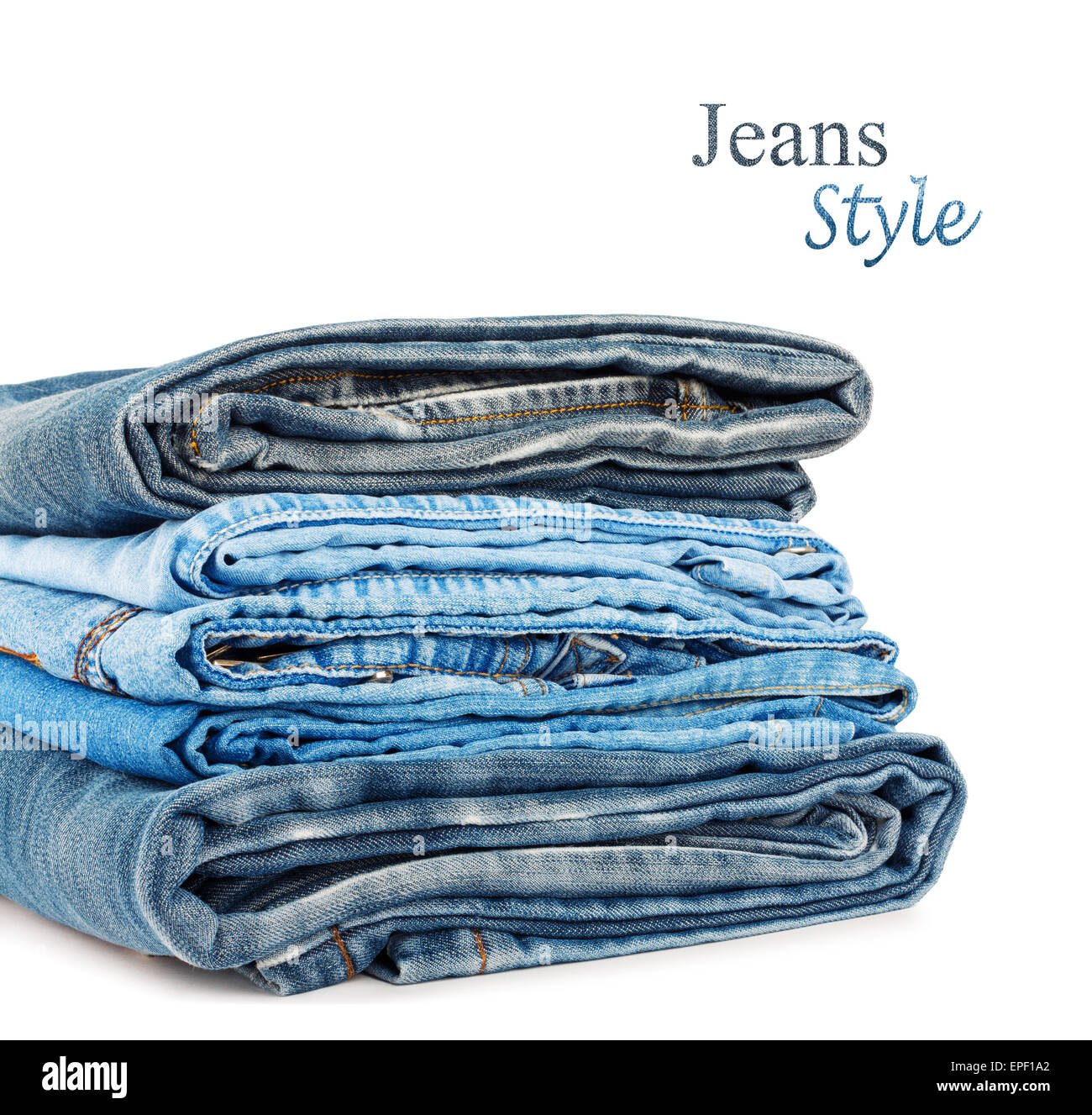 Stack of jeans trousers isolated on white background Stock Photo - Alamy