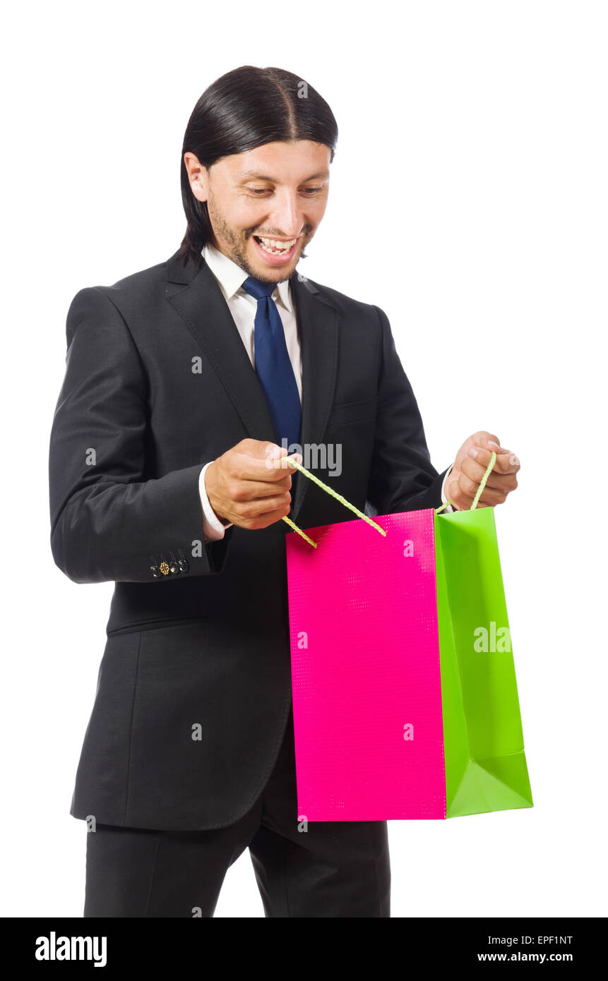 Man with shopping bags isolated on white Stock Photo - Alamy