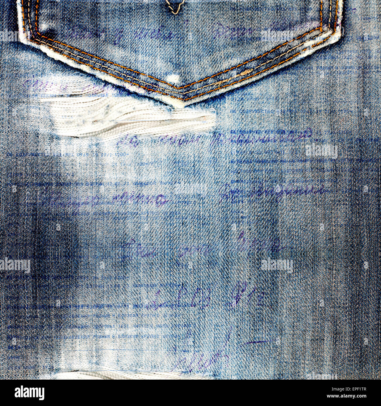 Old jeans background with hole in the style scrapbook Stock Photo - Alamy