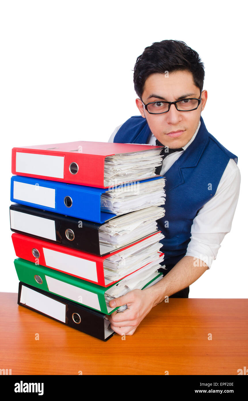 Funny man with lots of folders on white Stock Photo - Alamy