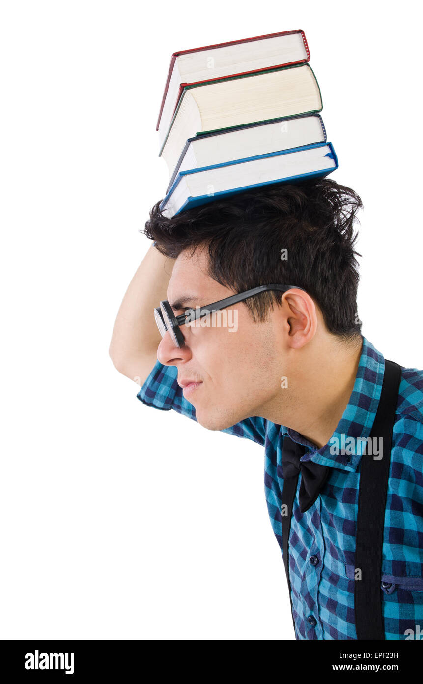 Funny student with stack of books Stock Photo - Alamy