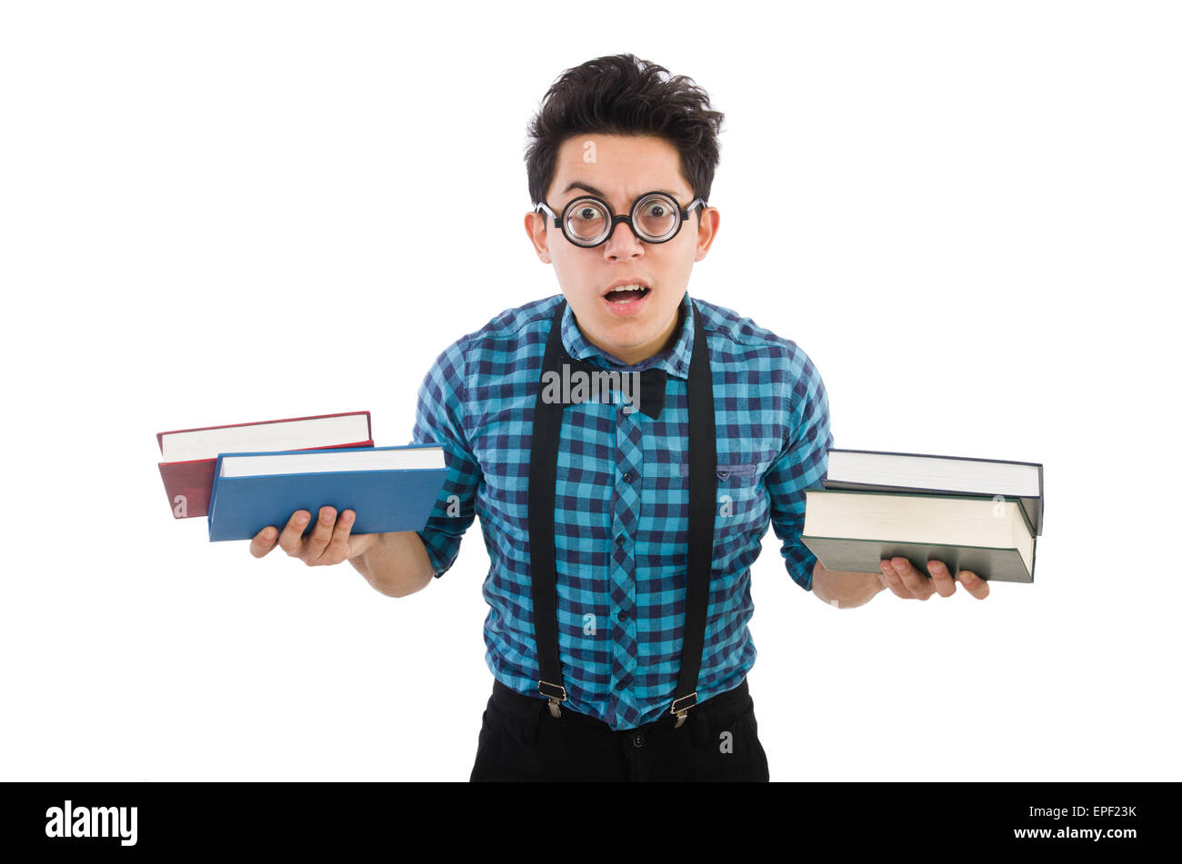 Funny student with stack of books Stock Photo - Alamy