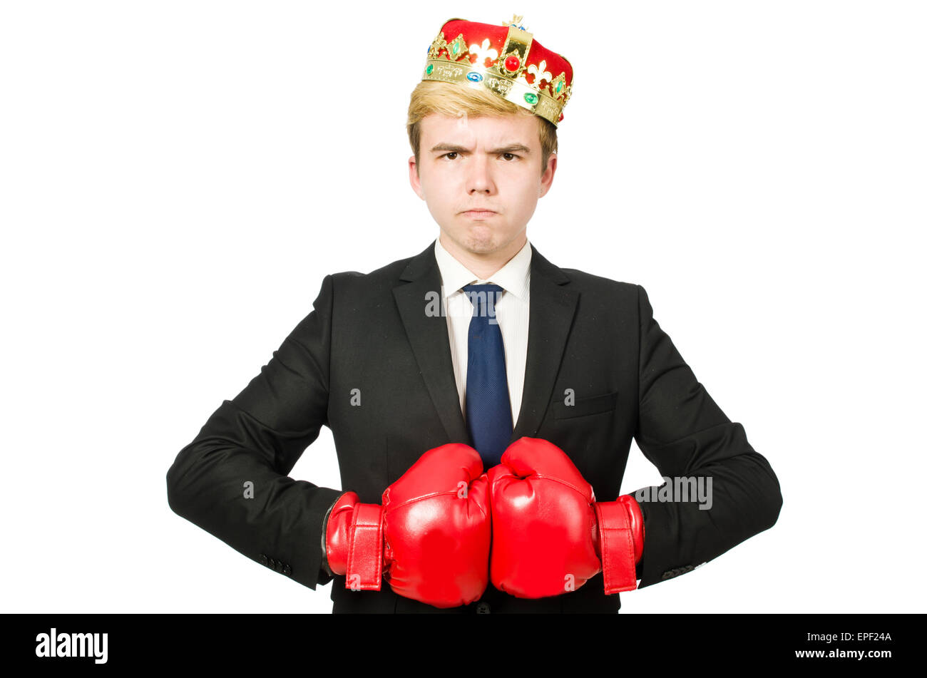 Funny businessman with crown and boxing gloves Stock Photo - Alamy