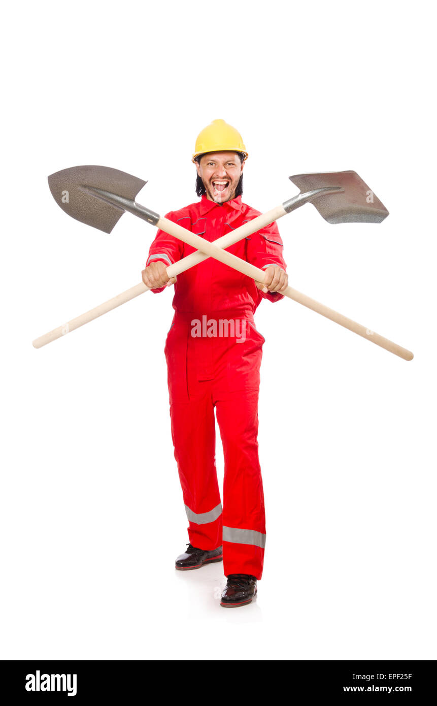 Man in red coveralls with spade Stock Photo - Alamy