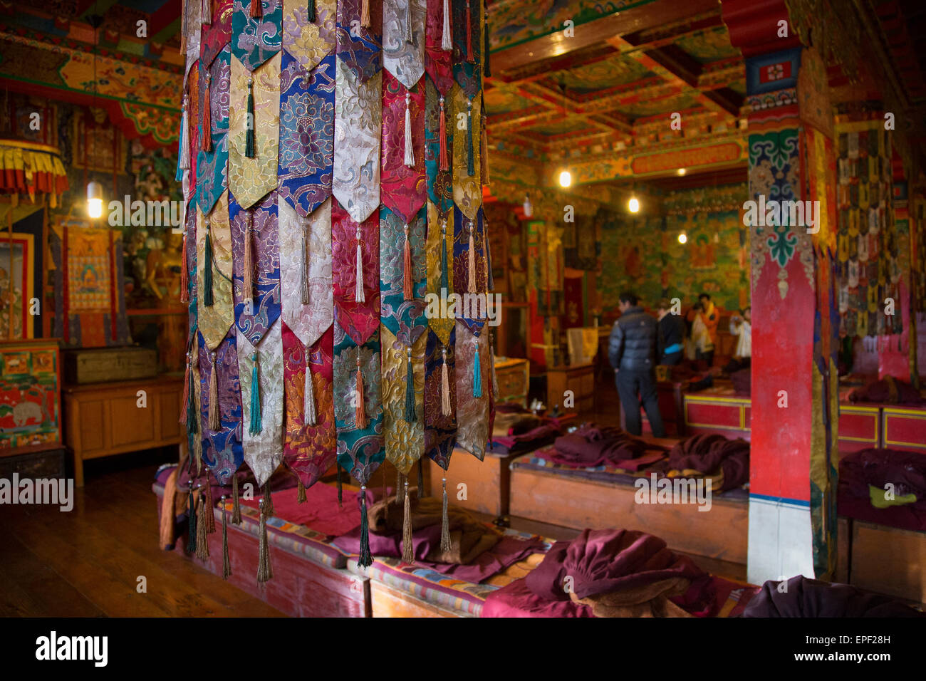 Detail of the colourful interior of the Buddhist monastery at Tengboche ...