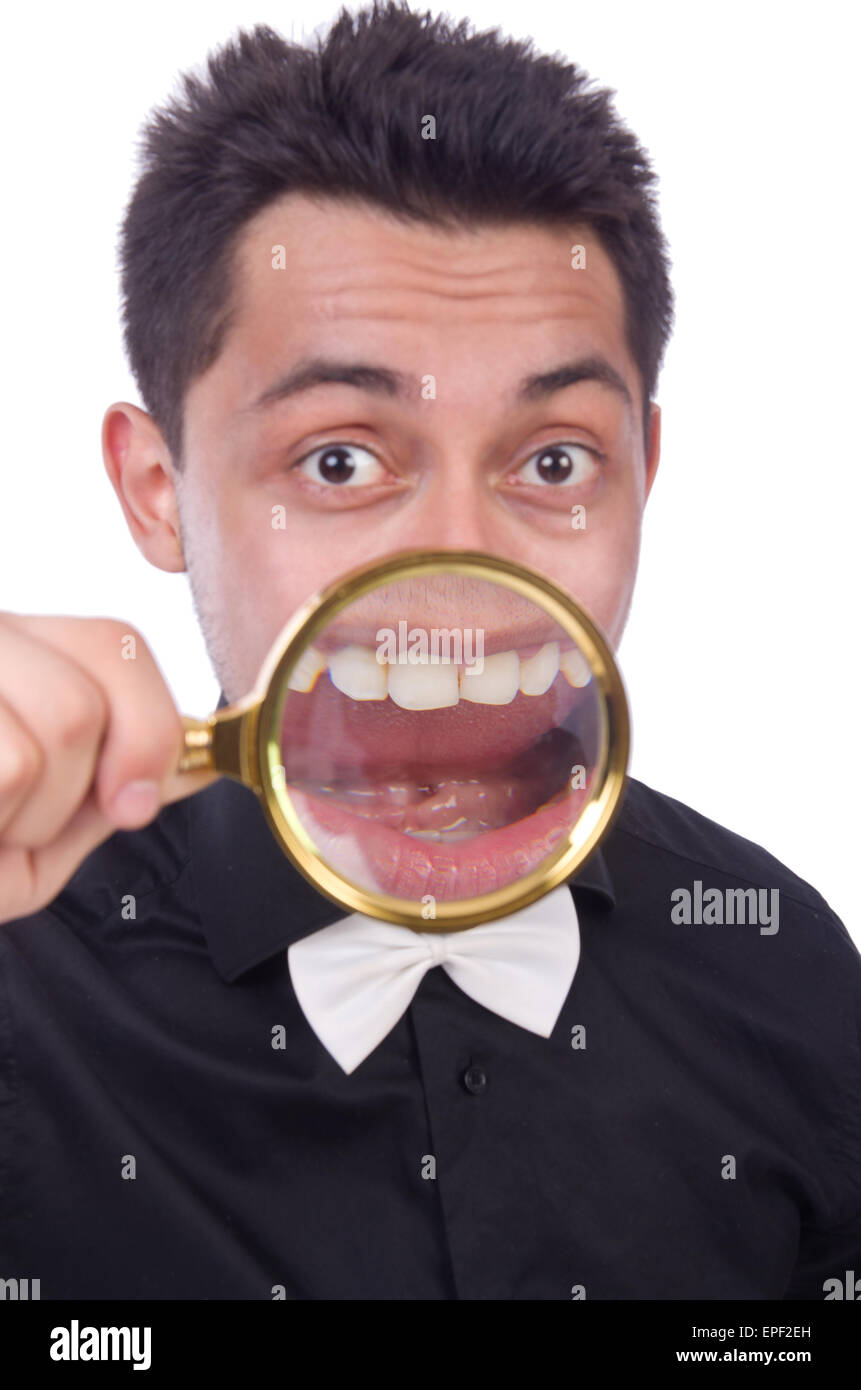 Funny man with magnifying glass Stock Photo - Alamy