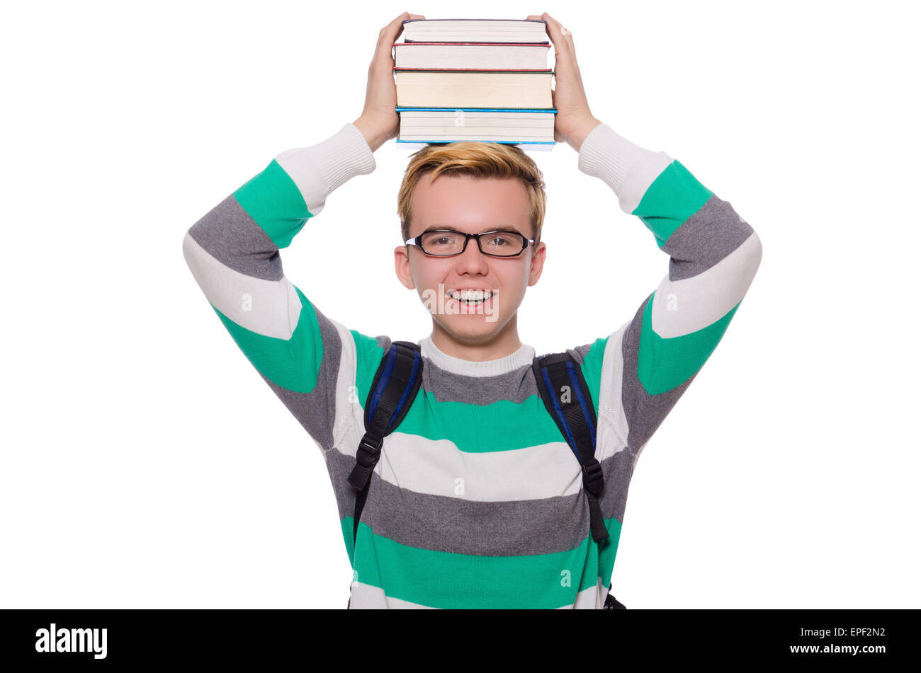 Funny student with stack of books Stock Photo - Alamy