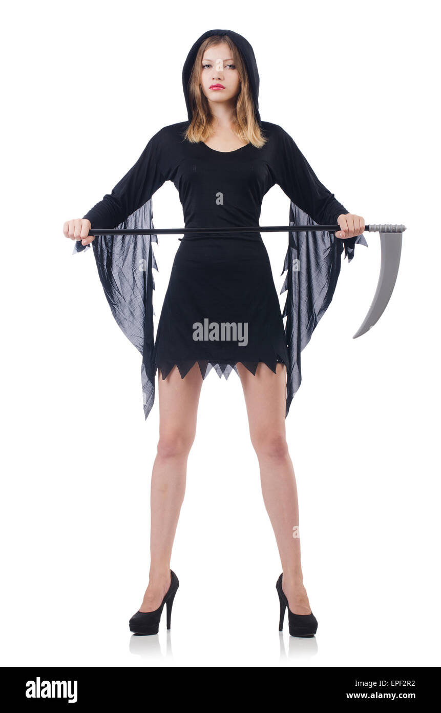 Woman in halloween concept with scythe Stock Photo - Alamy