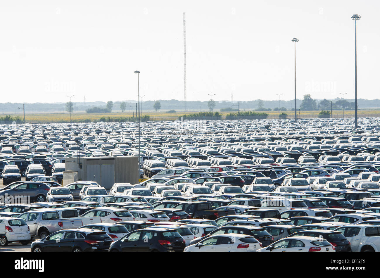 TUSCANY, ITALY - 27 June: New cars parked at distribution center in ...