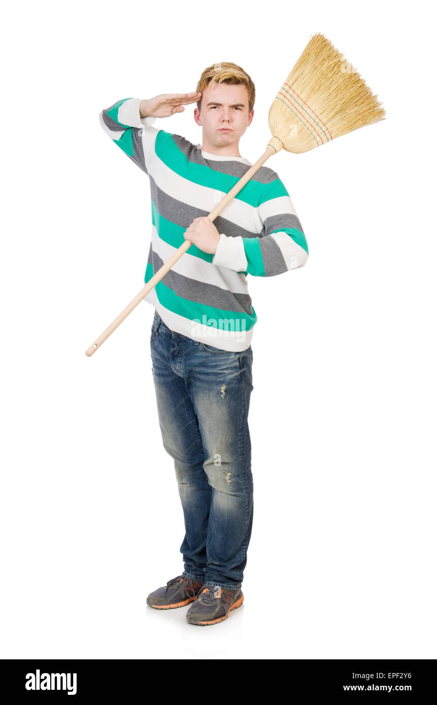 Funny man with mop isolated on white Stock Photo - Alamy