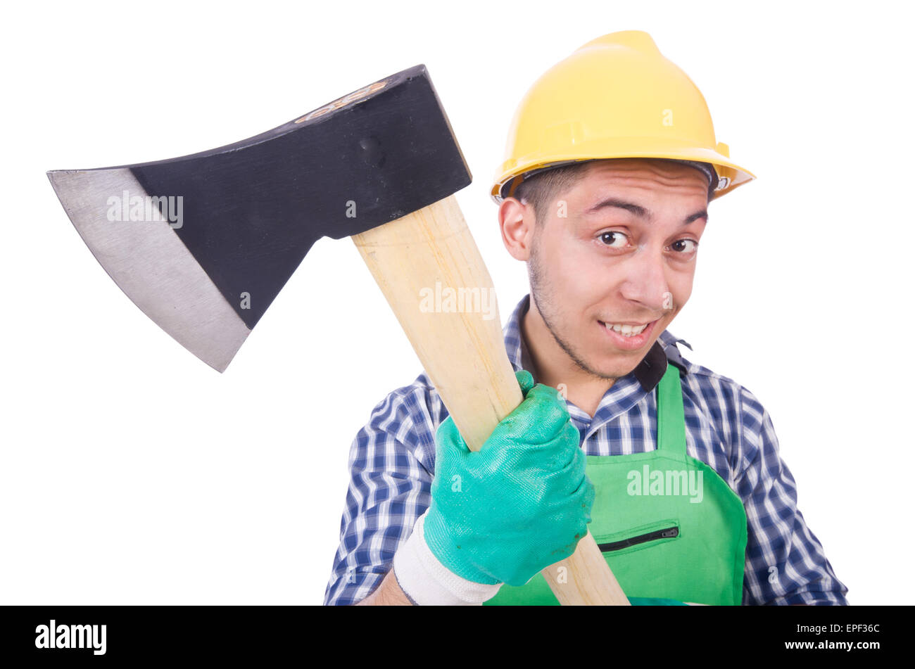 Funny man with axe isolated on white Stock Photo - Alamy