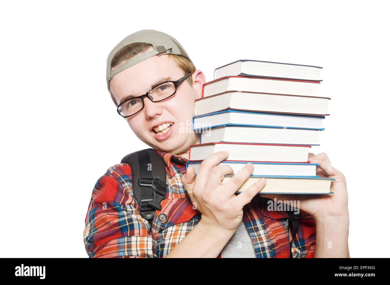 Funny student with stack of books Stock Photo - Alamy