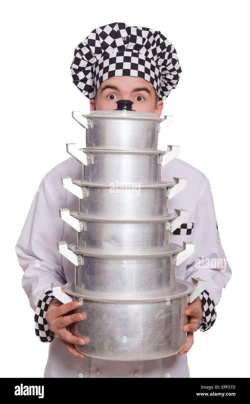 Cook with stack of pots on white Stock Photo - Alamy