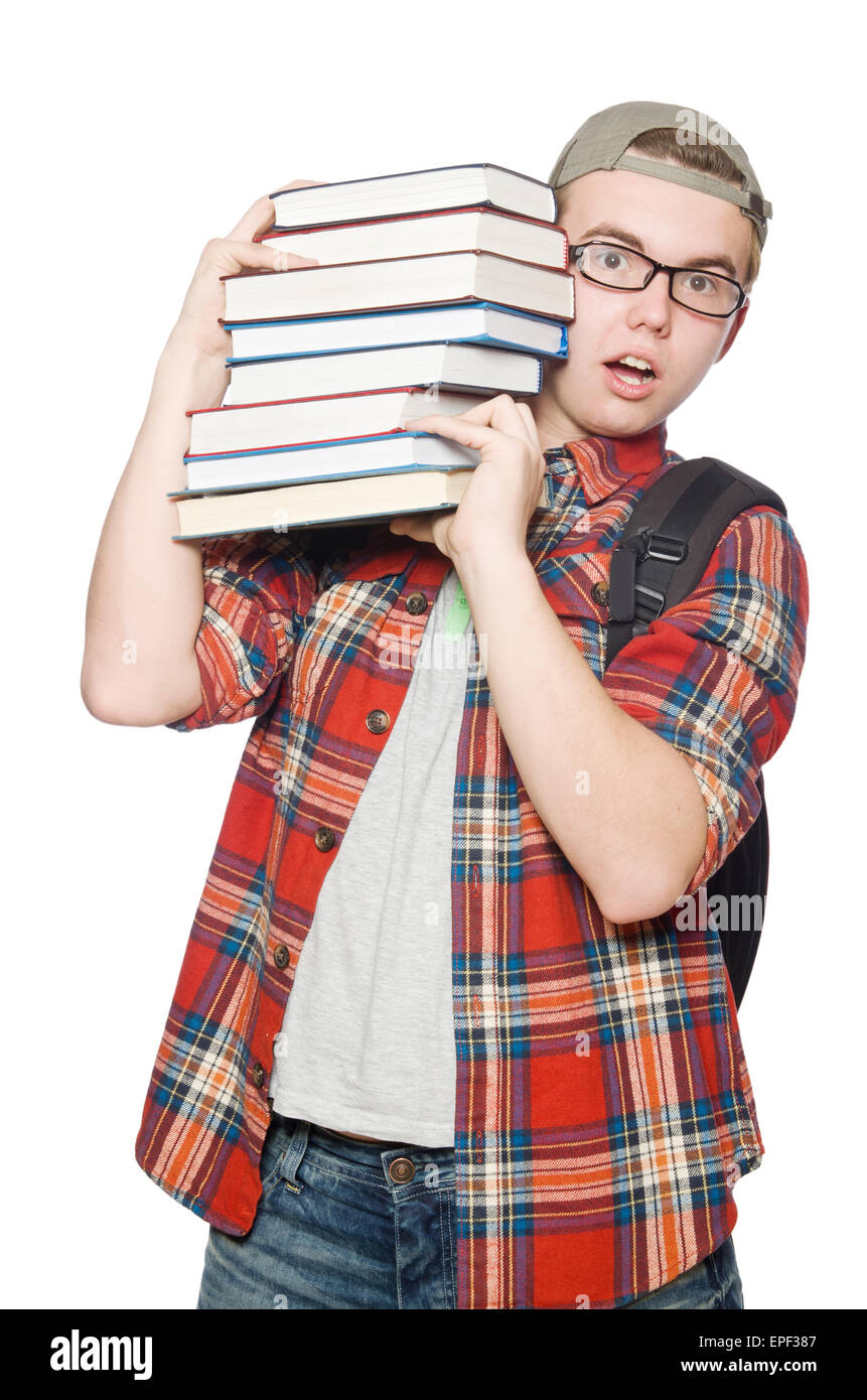 Funny student with stack of books Stock Photo - Alamy