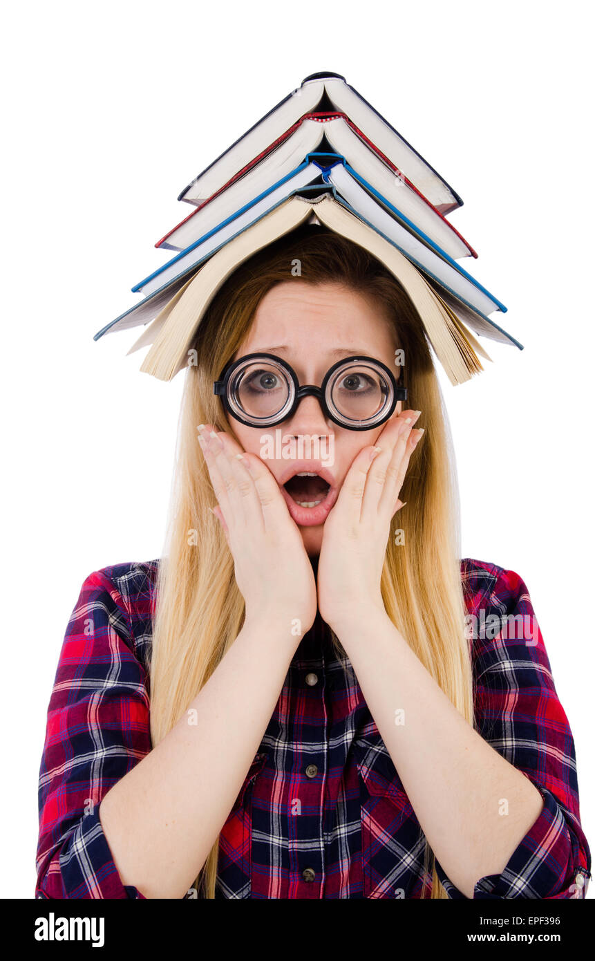 Funny student with stack of books Stock Photo - Alamy