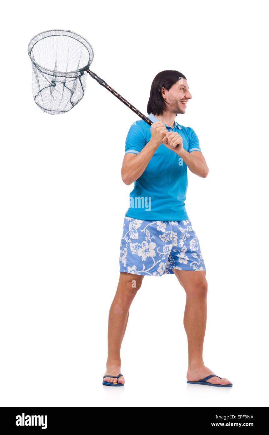 Man with big catching net isolated on white Stock Photo - Alamy