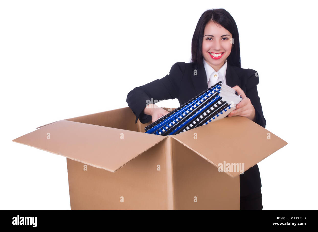 Young woman moving jobs isolated on white Stock Photo - Alamy
