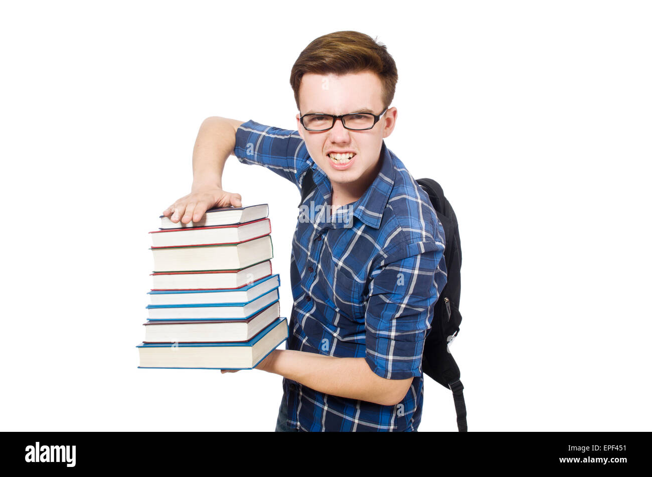 Funny student with stack of books Stock Photo - Alamy